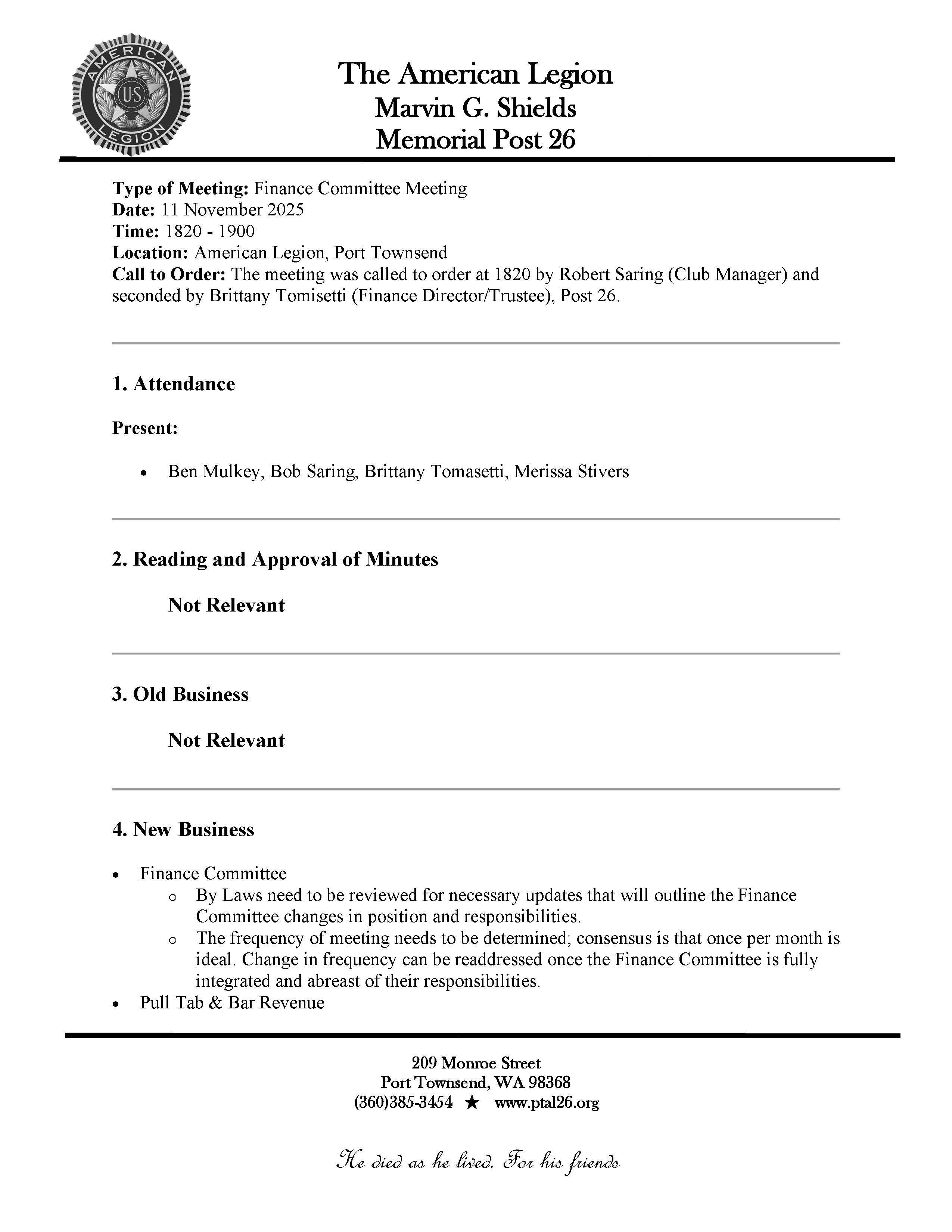 MINUTES OF MEETINGS – American Legion Port Townsend Marvin G. Shields ...