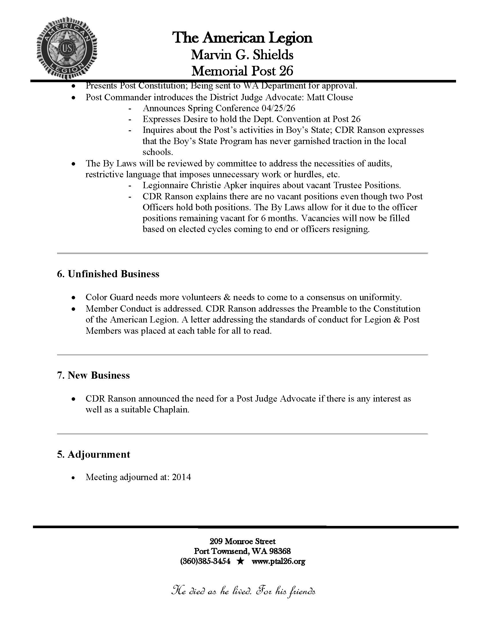 MINUTES OF MEETINGS – American Legion Port Townsend Marvin G. Shields ...